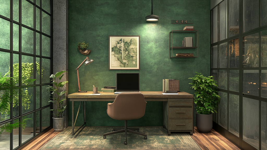 Green Industrial Study Room | Calm Eco Workspace - Buildiyo