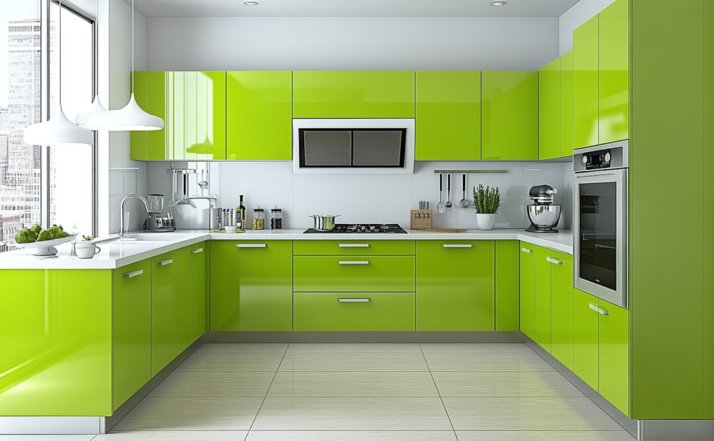 Green U-Shaped Modular Kitchen – Fresh & Natural Look